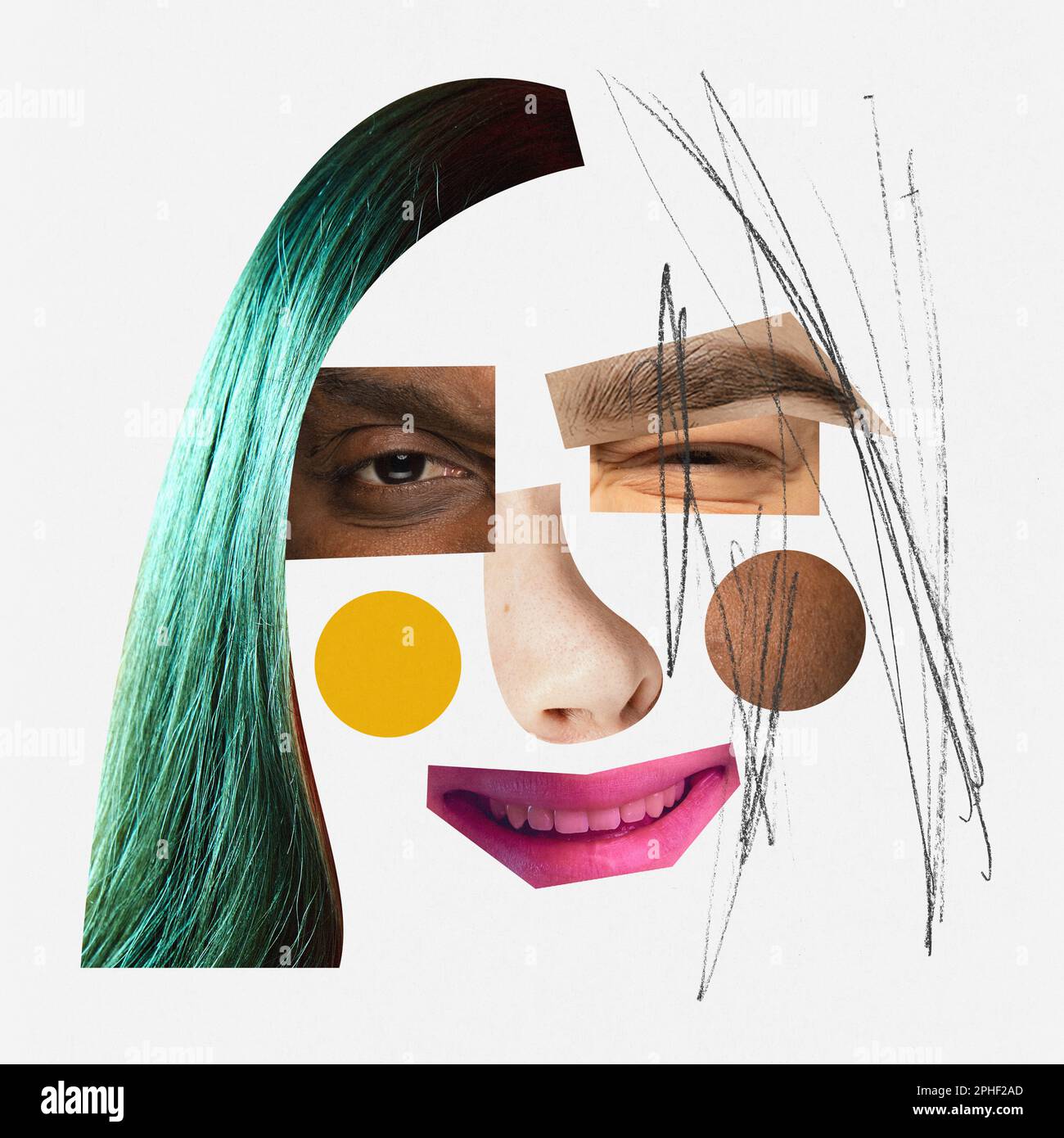 Caricature looking face made of different parts of male and female ...