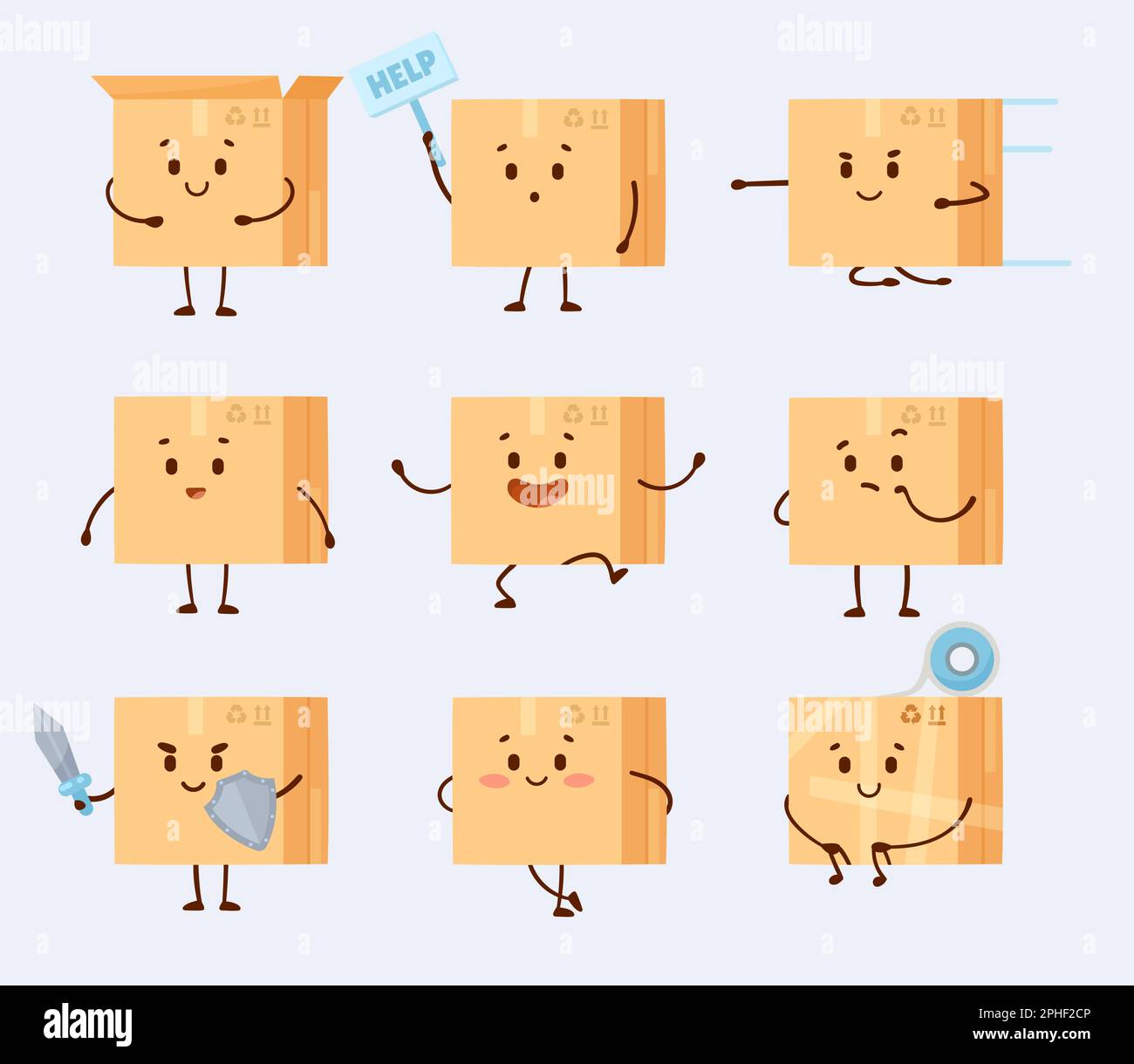 Smiling cardboard box cartoon character vector illustrations set Stock ...