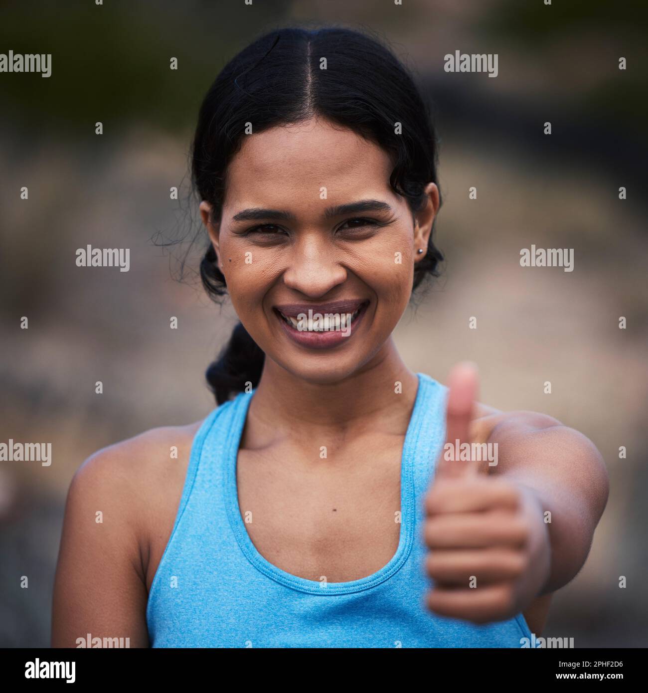 Woman, portrait or happy thumbs up for fitness win, training motivation ...