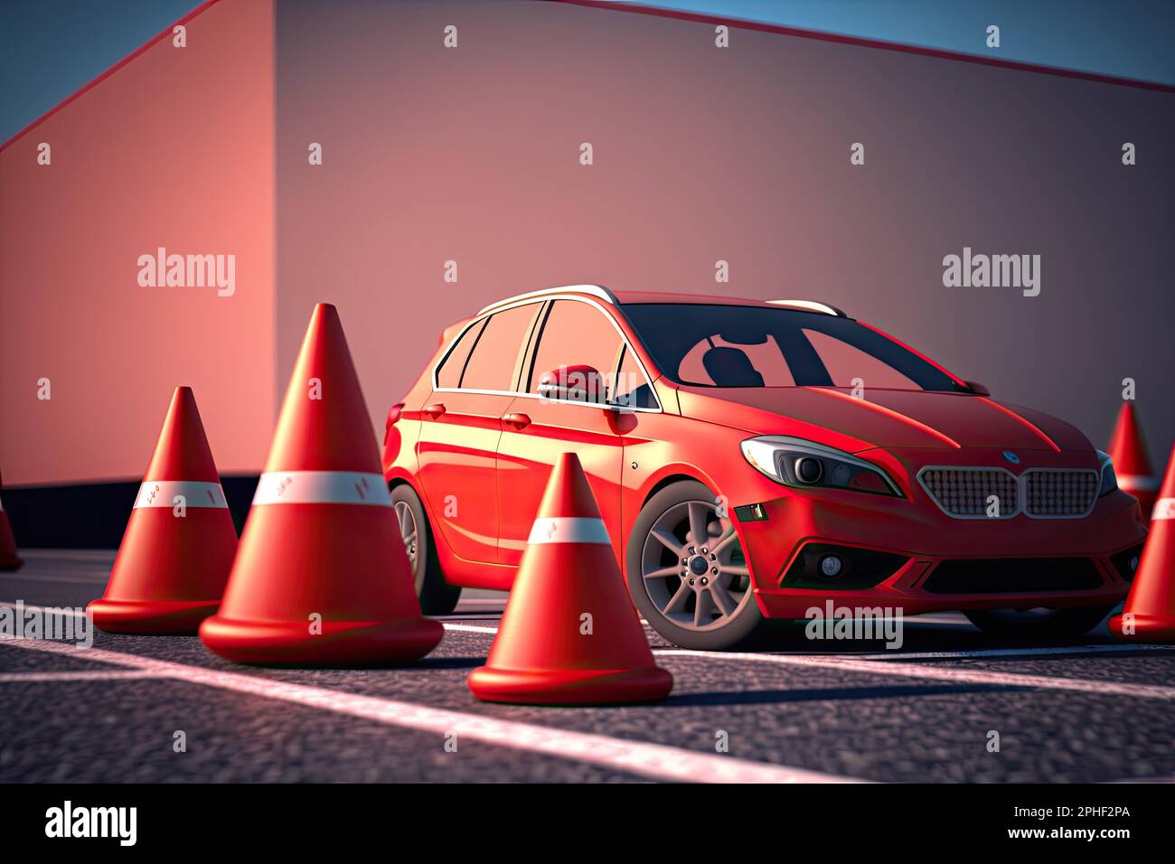 a red car in a parking lot surrounded by traffic cones, a 3D render ...