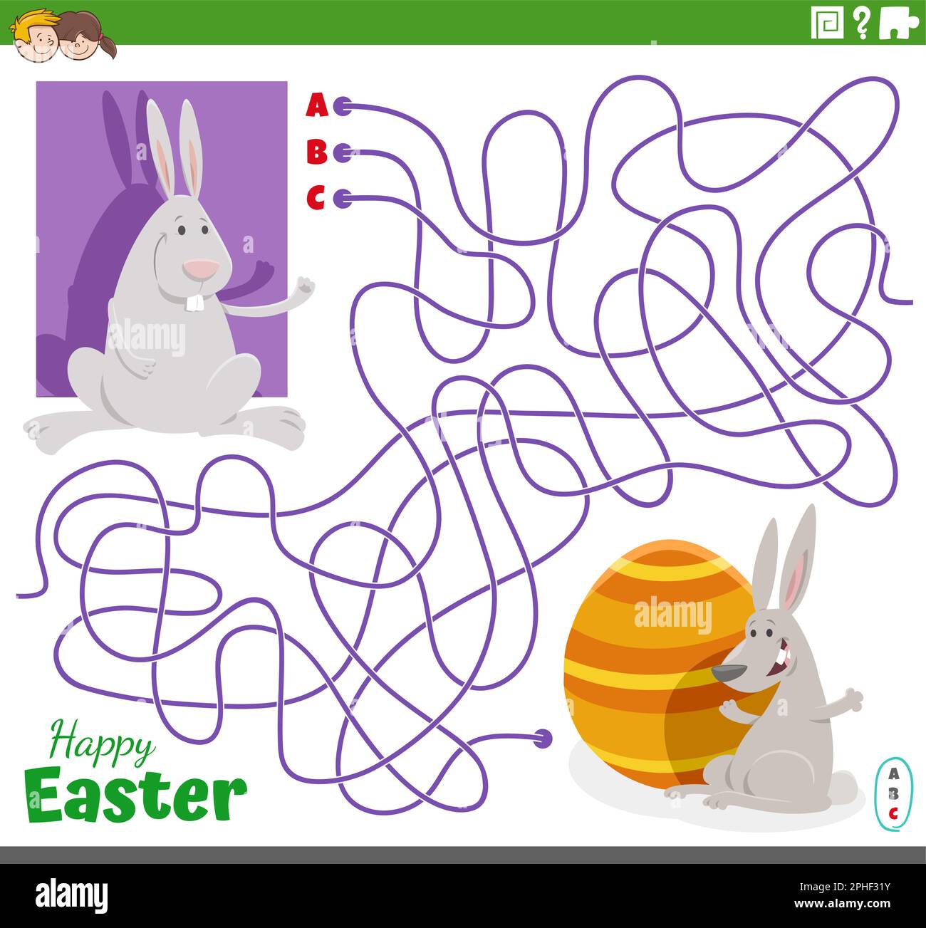 Cartoon illustration of lines maze puzzle game with Easter Bunnies and ...
