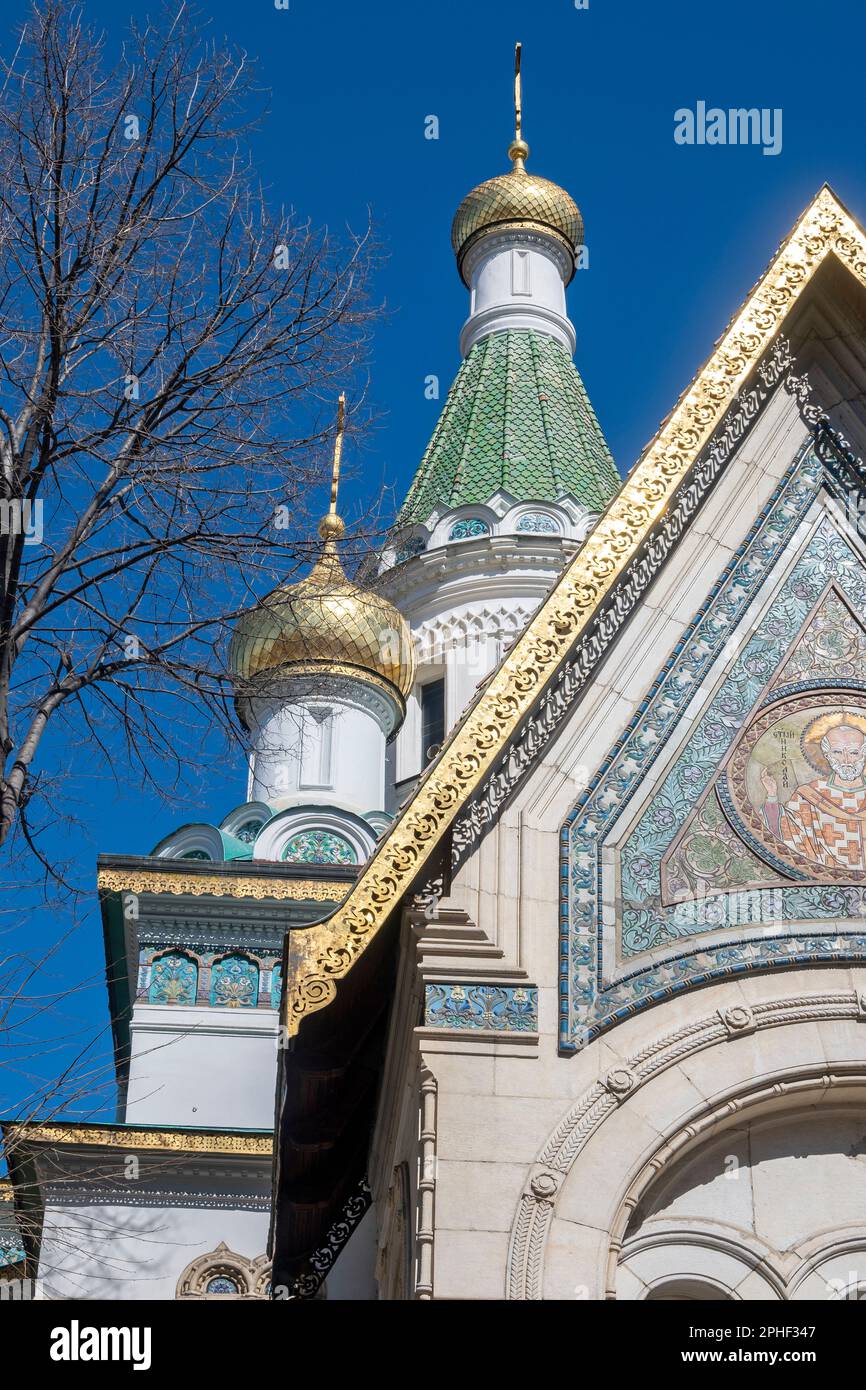 SOFIA, BULGARIA- MARCH 19, 2023: Building and Golden Domes of Russian church in Sofia, Bulgaria ...