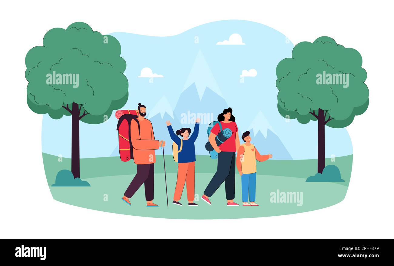 Happy family of tourists with backpacks hiking in nature Stock Vector Image & Art - Alamy