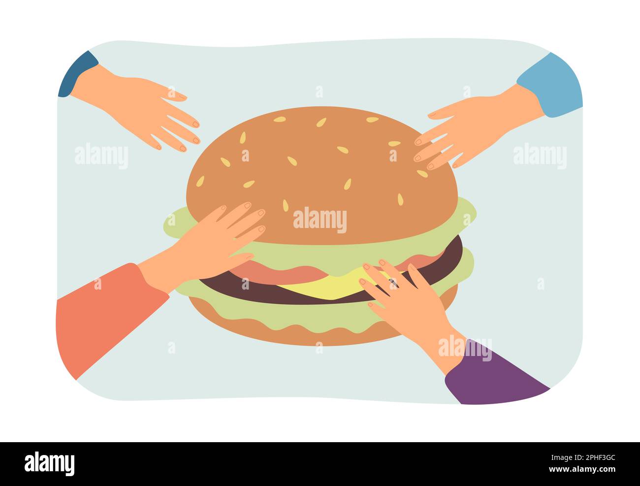 Peoples hands reaching for huge burger flat vector illustration Stock ...