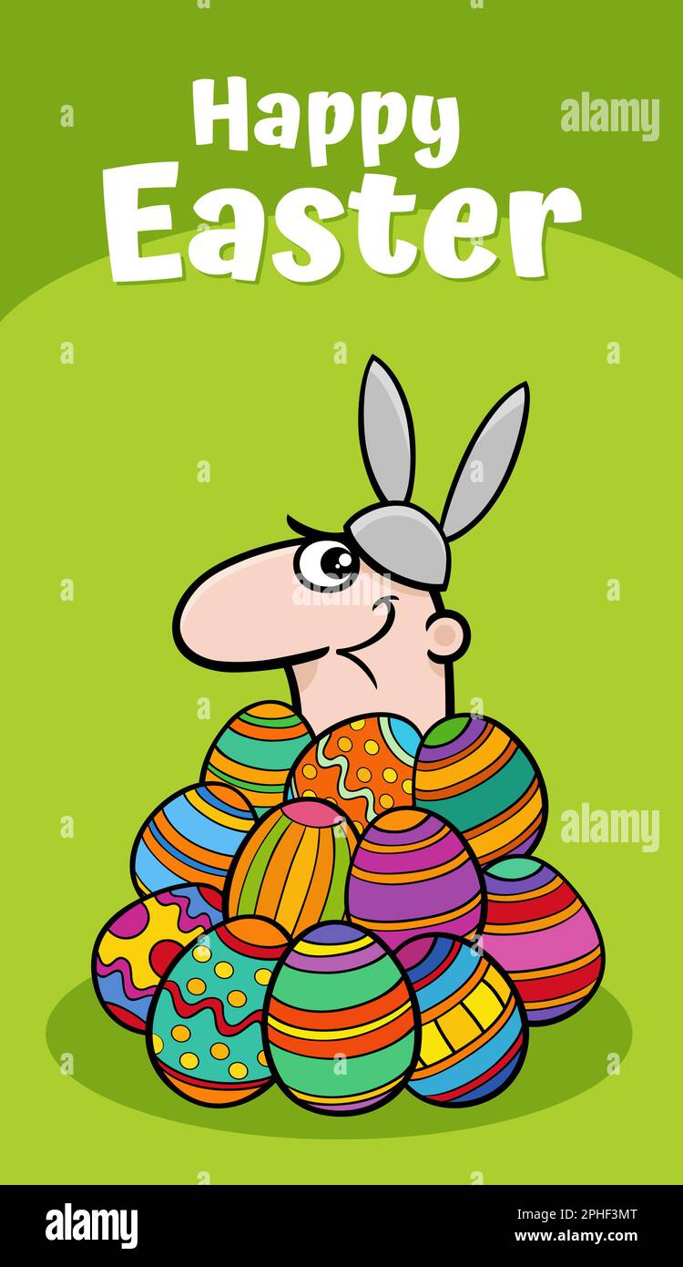 Cartoon illustration of funny man in Easter Bunny costume with heap of ...