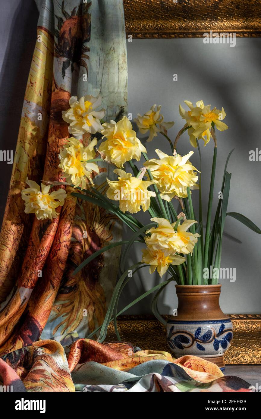 Blooming daffodils in the iron bucket, vintage still life Stock Photo ...