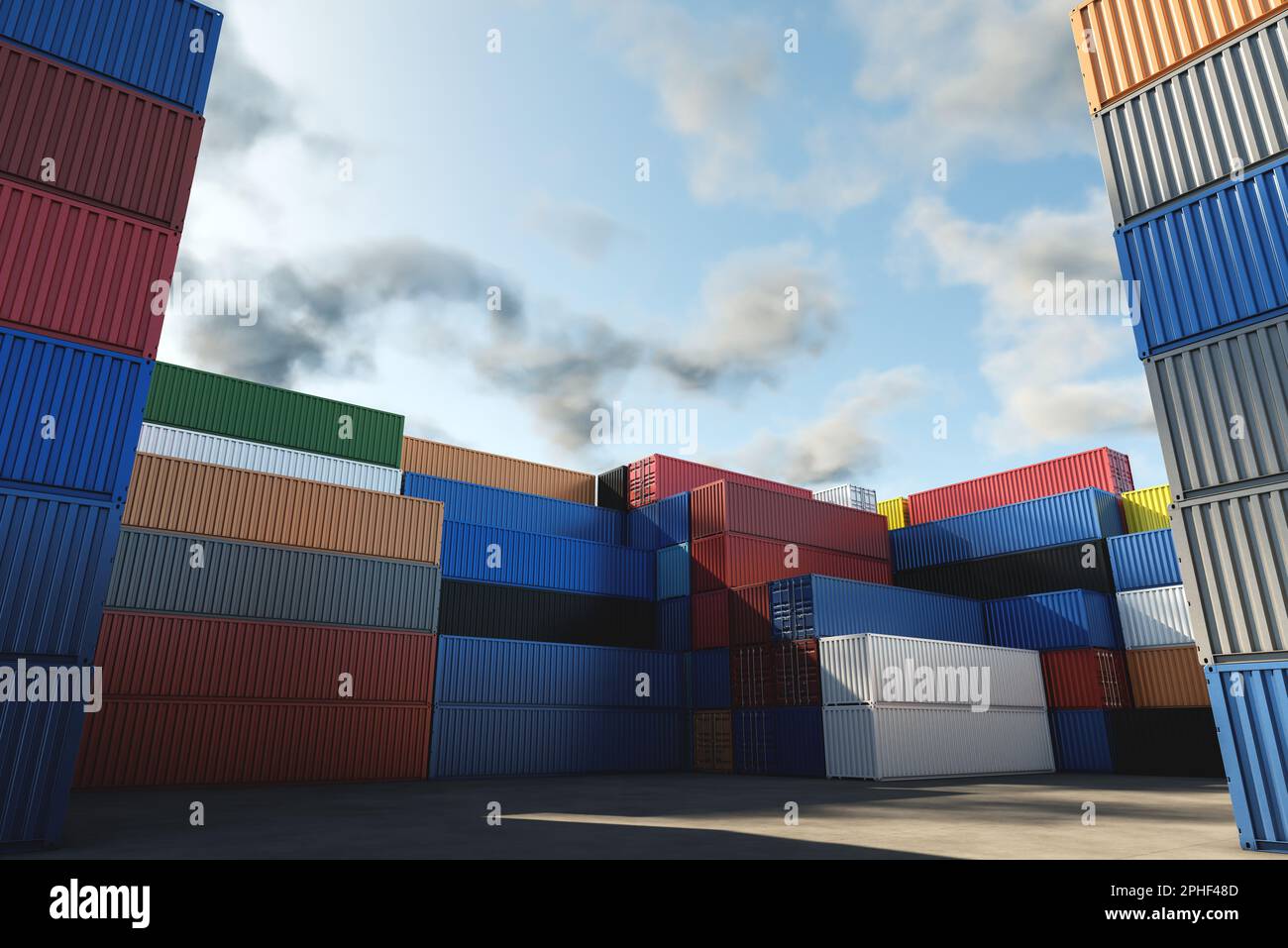 Lots of long cargo containers stacked at the terminal/port for import ...