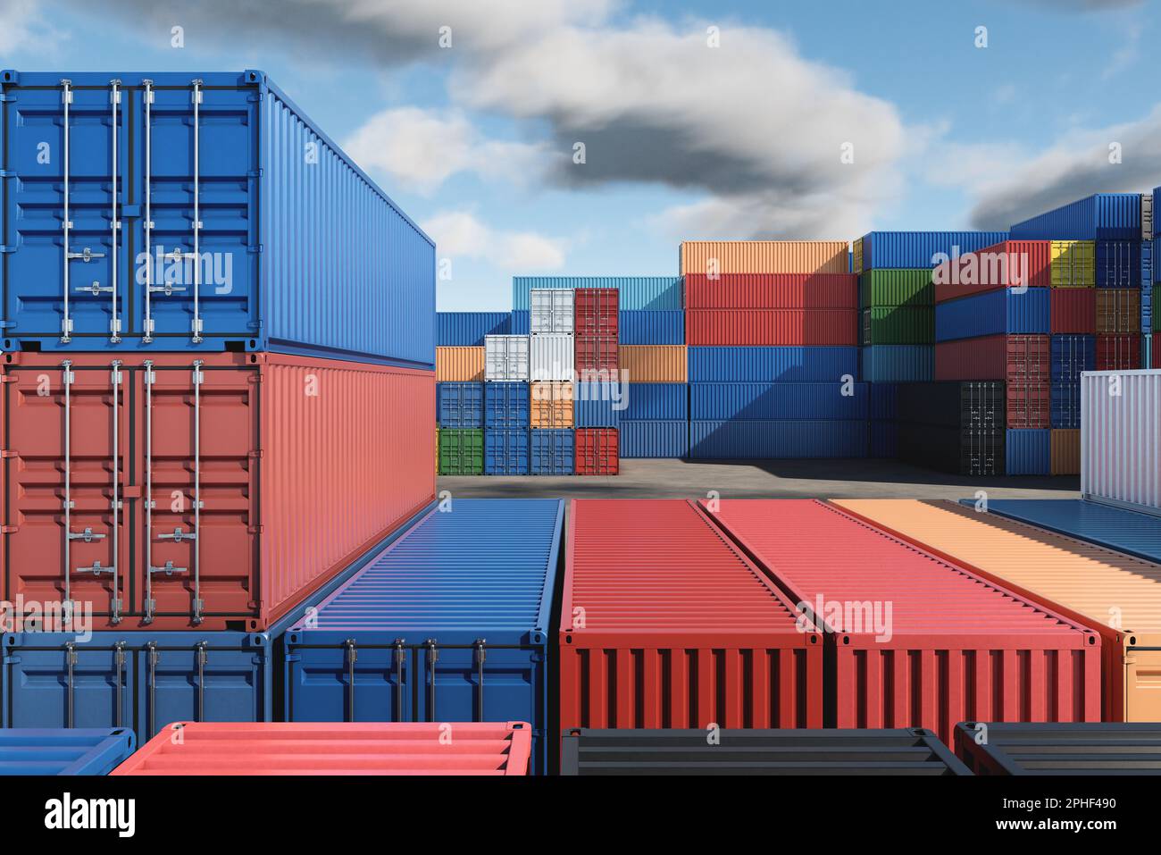 Lots of long cargo containers stacked at the terminal/port for import ...