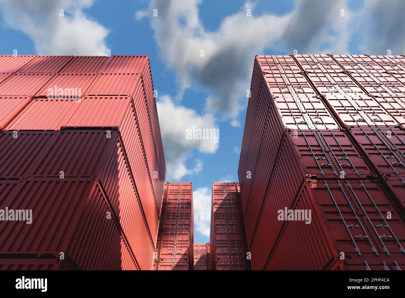 Lots of long cargo containers stacked at the terminal/port for import ...