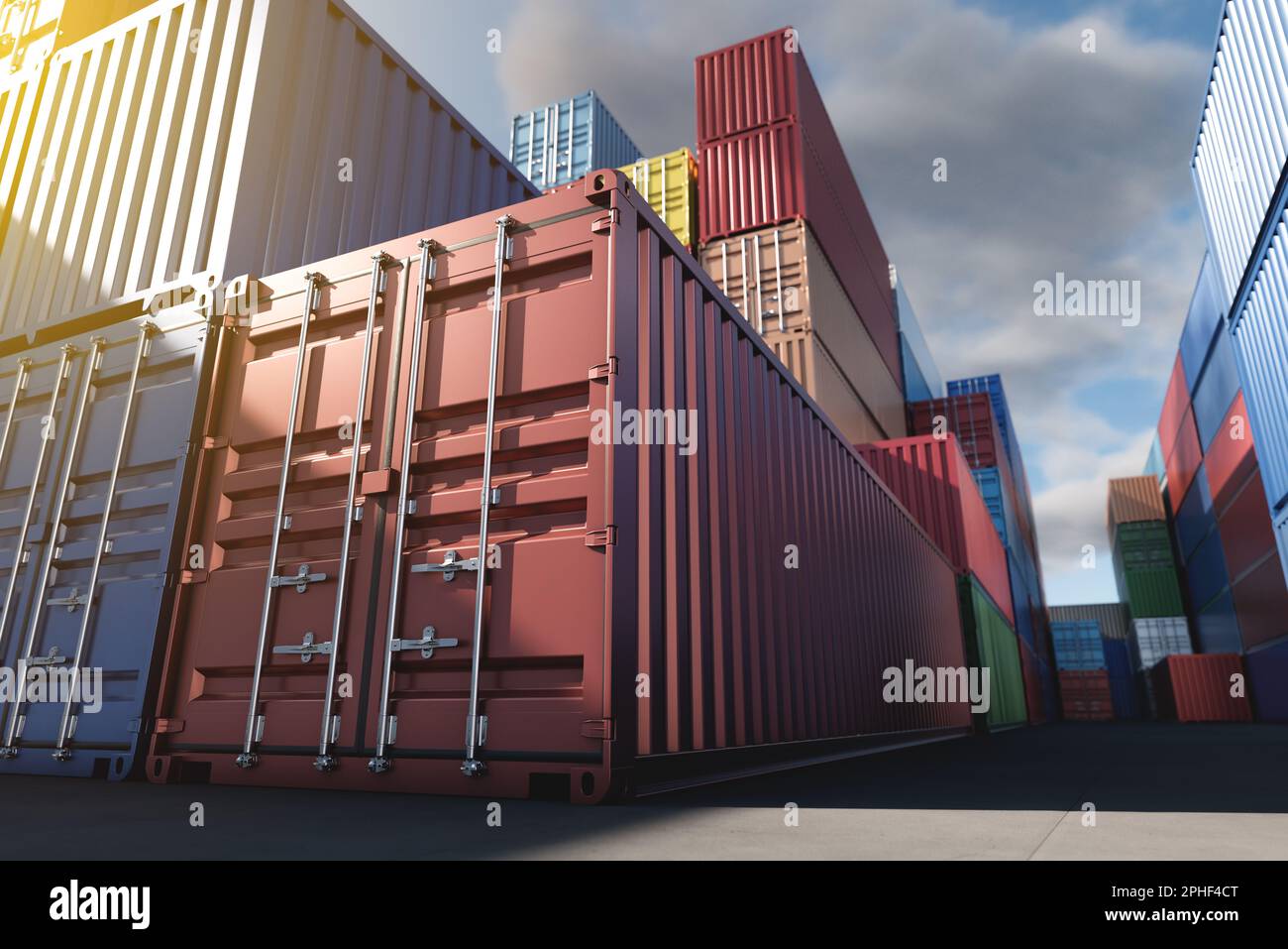 Lots of long cargo containers stacked at the terminal/port for import ...