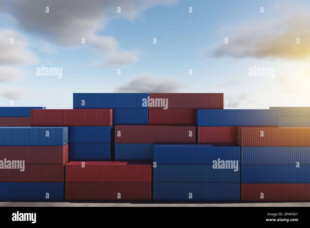 Lots of long cargo containers stacked at the terminal/port for import ...