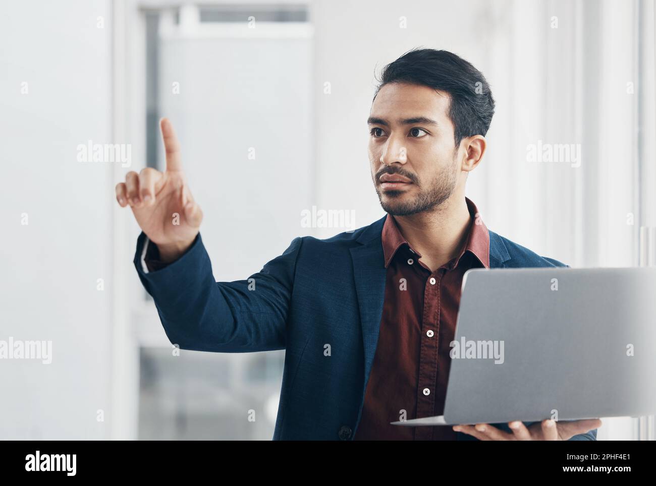 Virtual, laptop and interactive man pointing at architecture ...