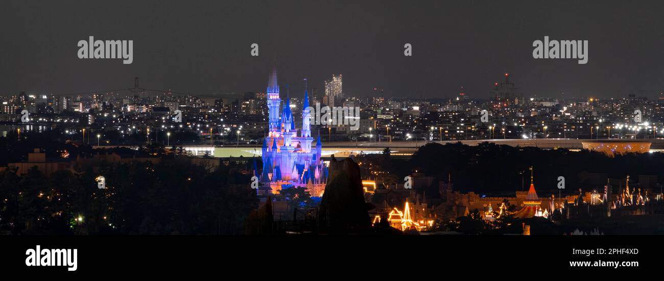 A night shot of Cinderella Castle all lighten up in Tokyo Disneyland ...