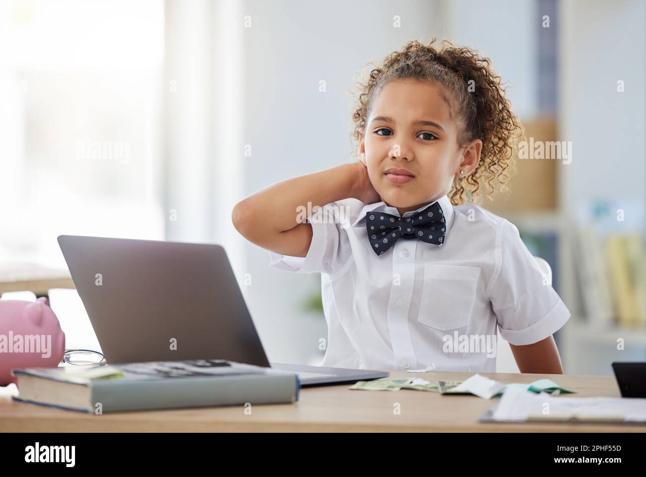 Stress, portrait and child boss in the office while working with money ...