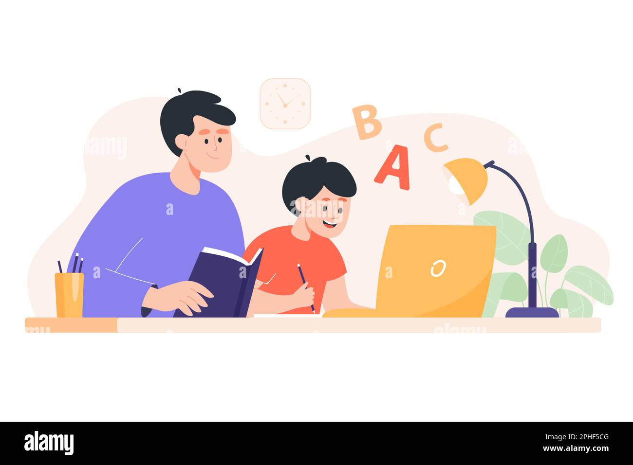 Father helping son with homework flat vector illustration Stock Vector ...