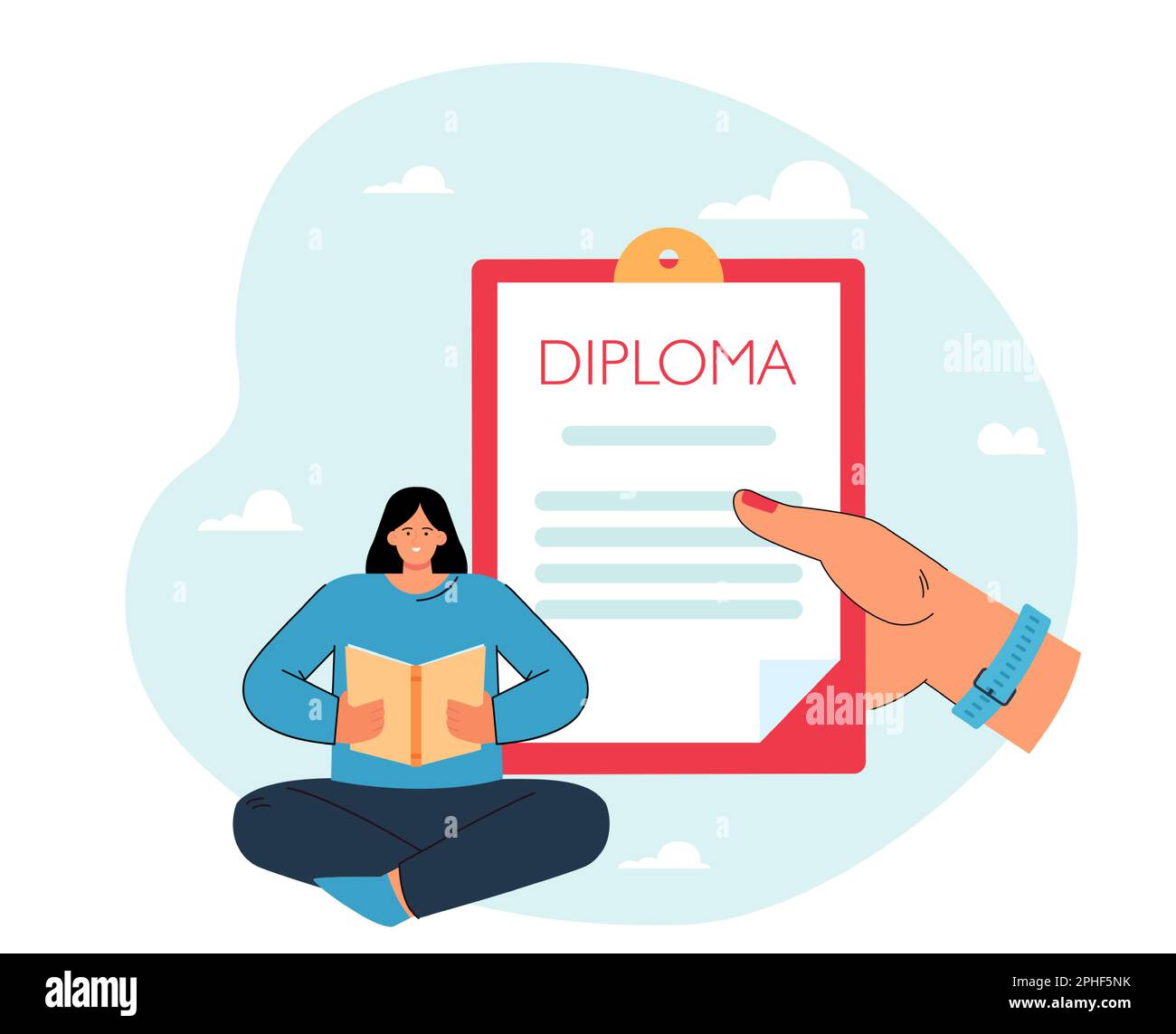 Tiny student and huge female hand holding diploma Stock Vector Image ...