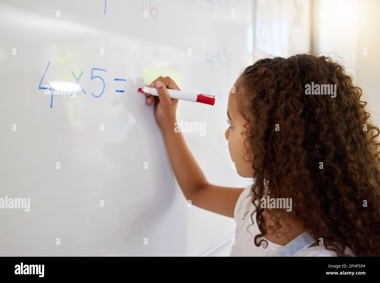 Whiteboard, math and girl writing for learning, studying and education ...