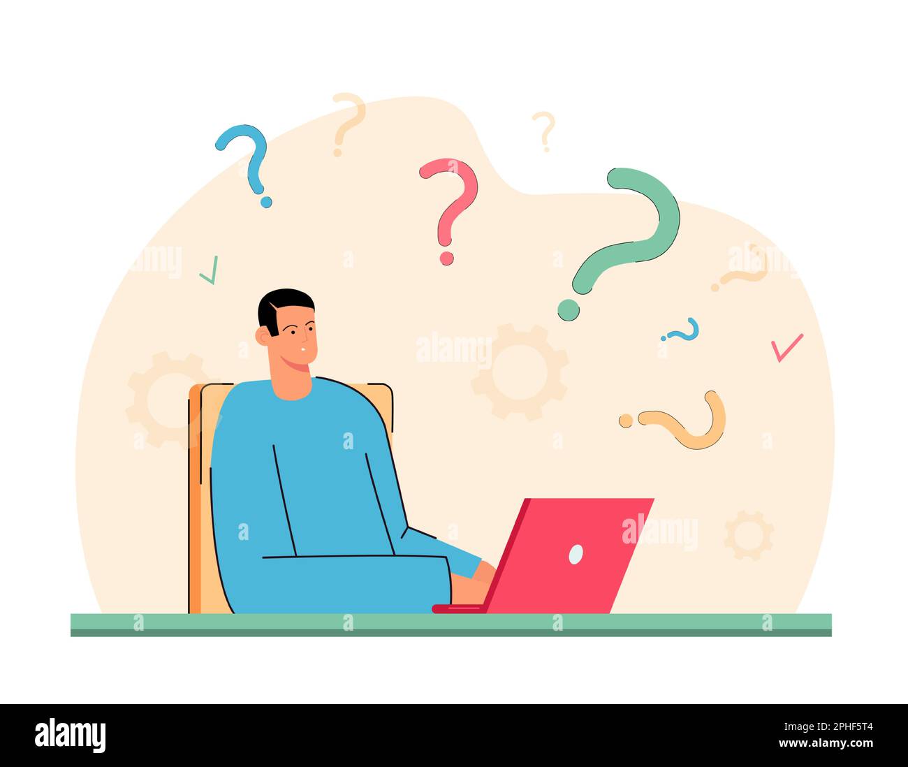 Confused person sitting with laptop and question marks Stock Vector ...