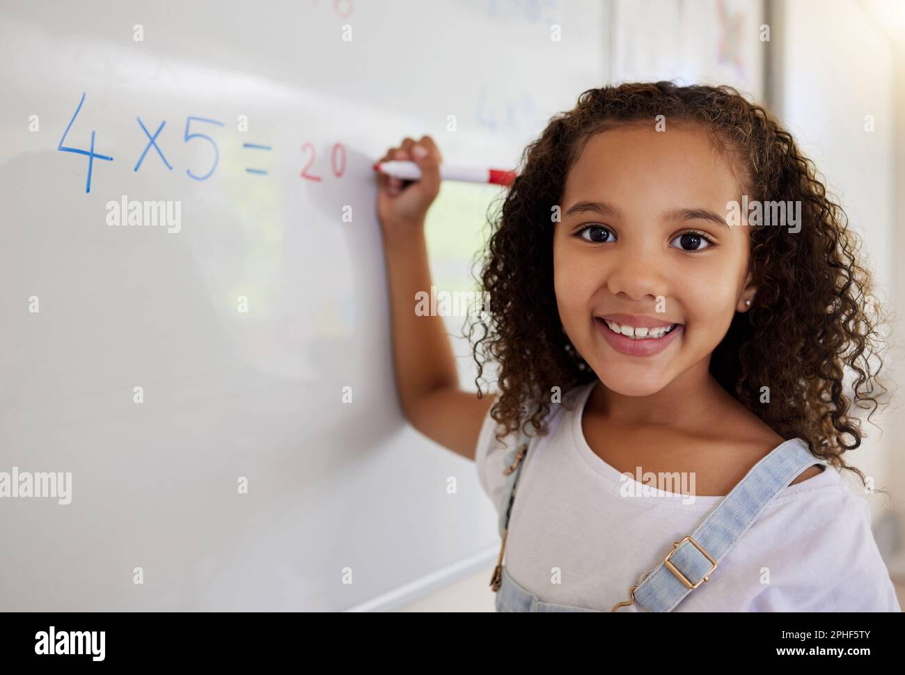 Whiteboard, math and portrait of girl learning, studying and education ...