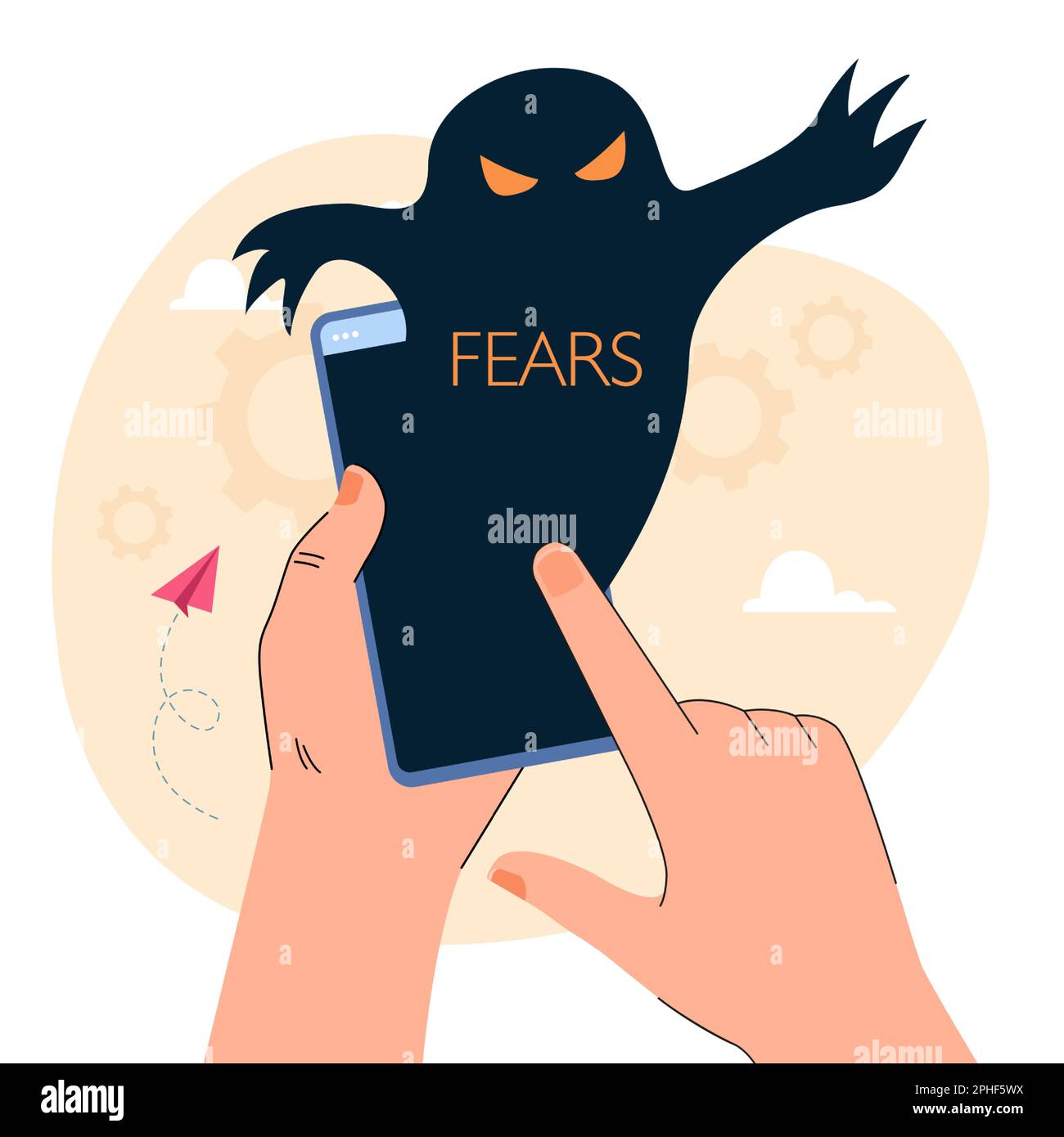 Hands holding phone with scary monster as symbol of fear Stock Vector ...