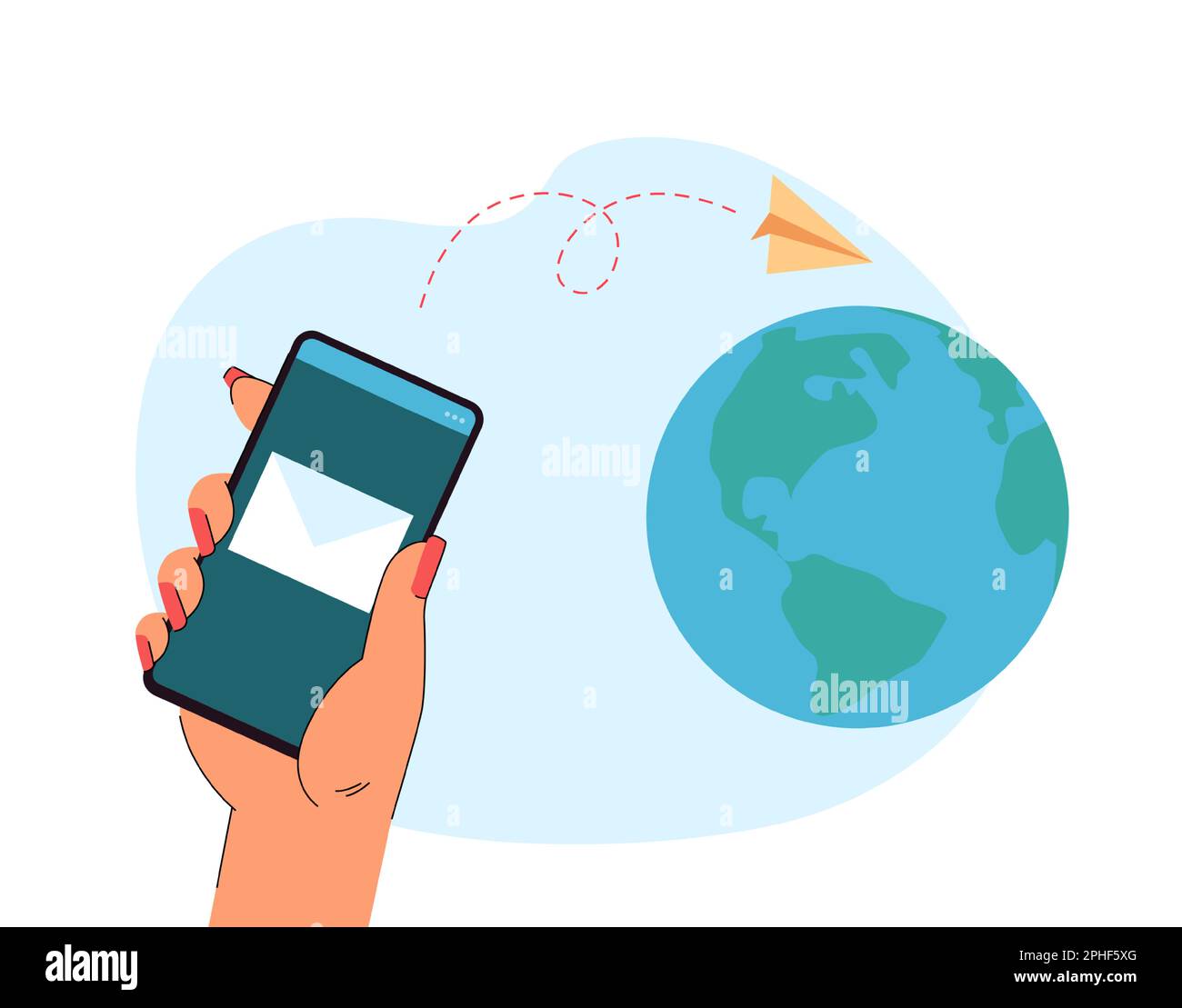 Globe and hand of person sending letter using mobile app Stock Vector ...