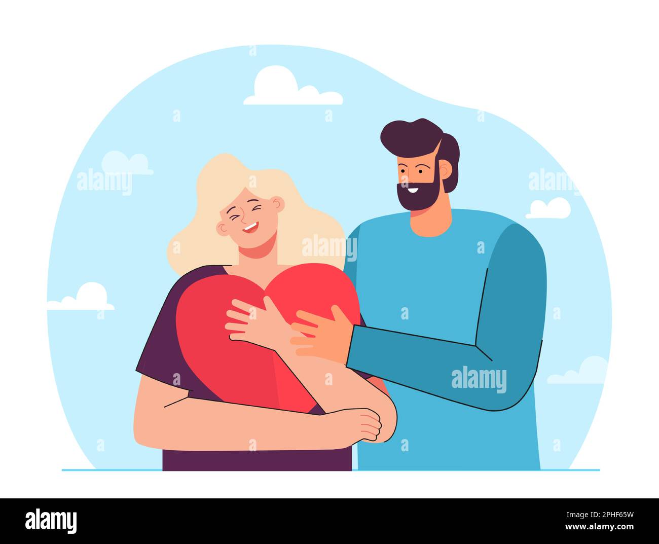 Boyfriend hugging happy girlfriend holding big comic heart Stock Vector ...