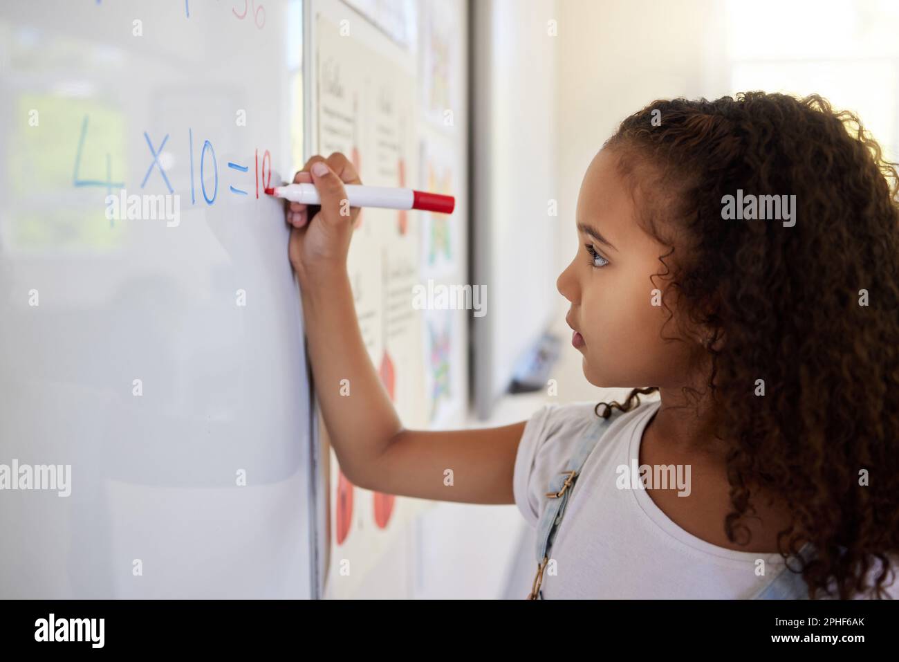 Whiteboard, math and girl writing for learning, studying and education ...