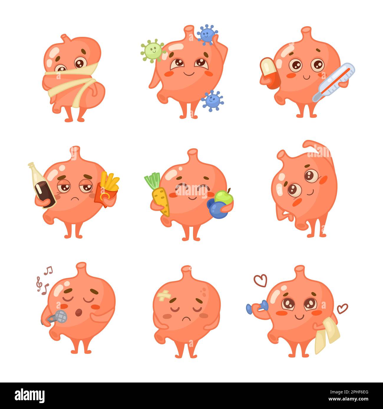 Happy stomach character with cute face cartoon illustration set Stock ...