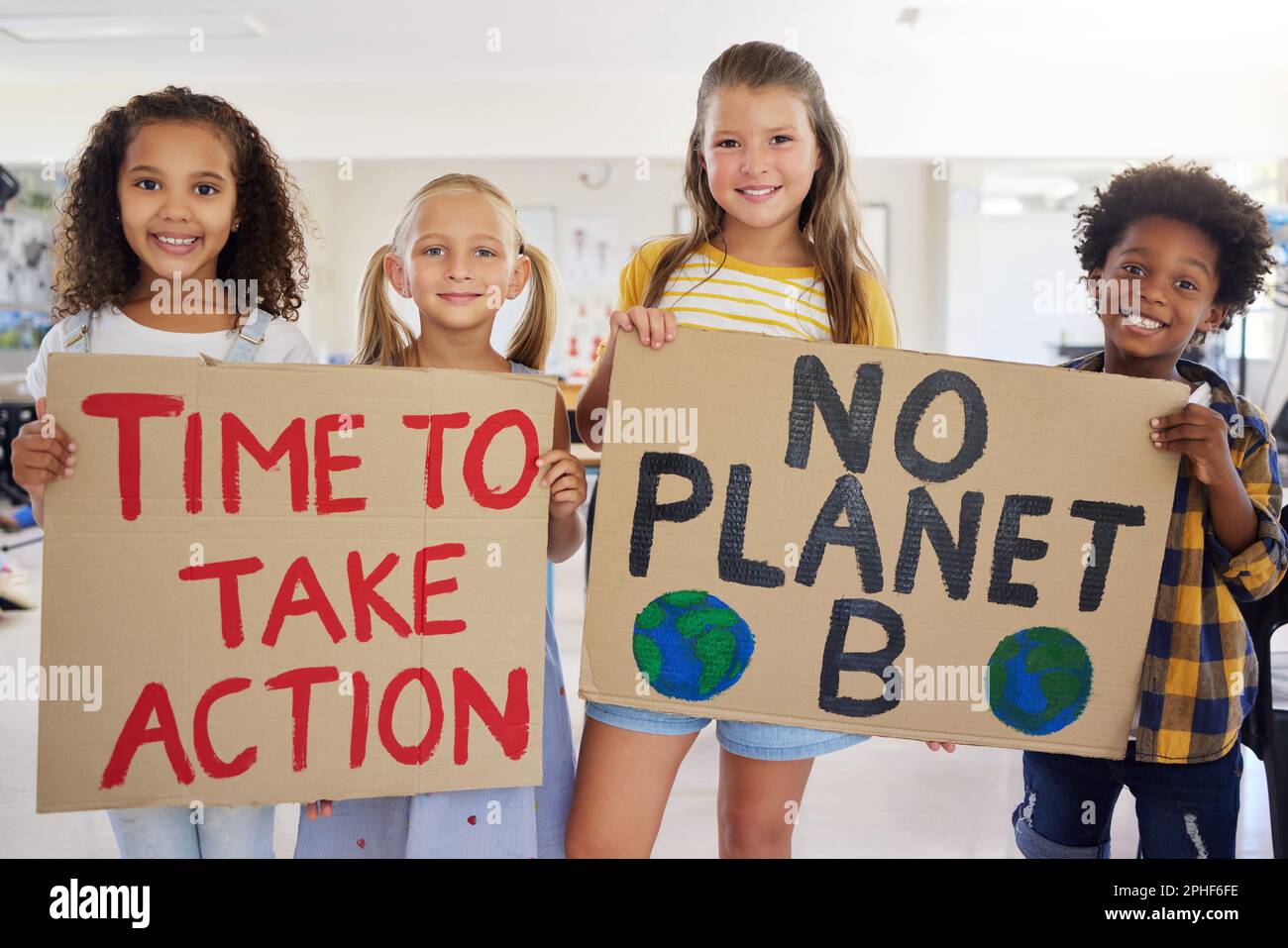 Children, portrait and poster with friends in protest in a classroom ...