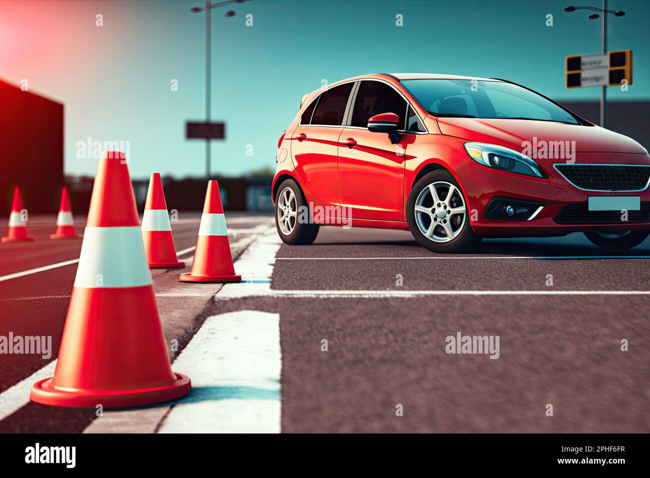 a red car in a parking lot surrounded by traffic cones, a 3D render ...