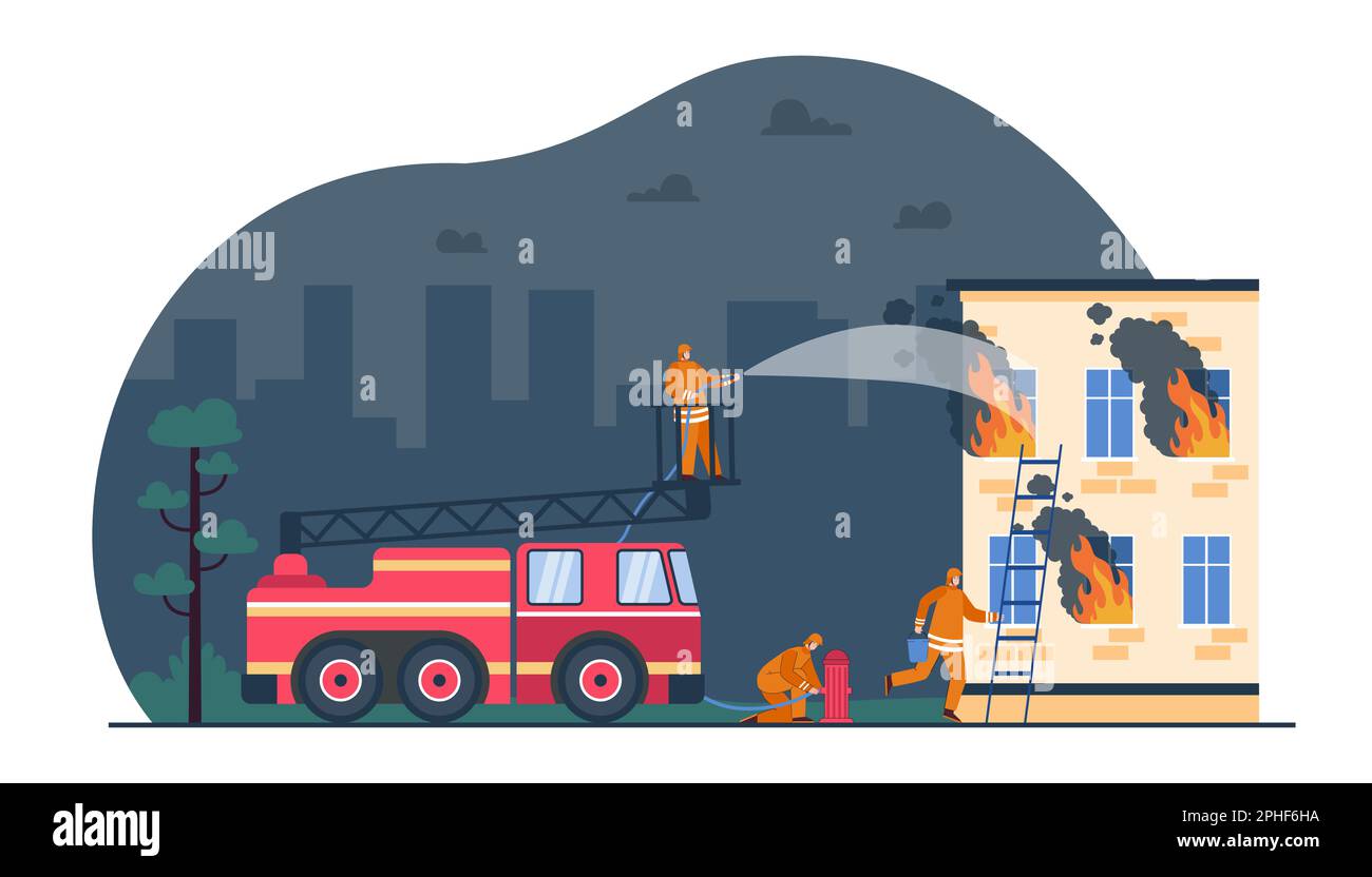 Firefighters extinguishing house fire flat vector illustration Stock ...