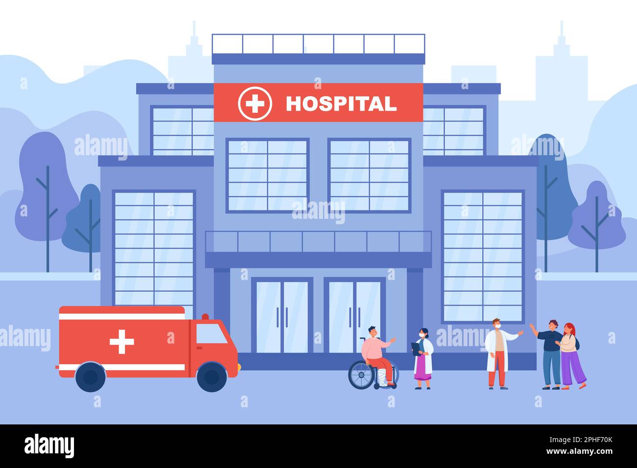 Tiny doctors and patients near hospital flat vector illustration Stock ...