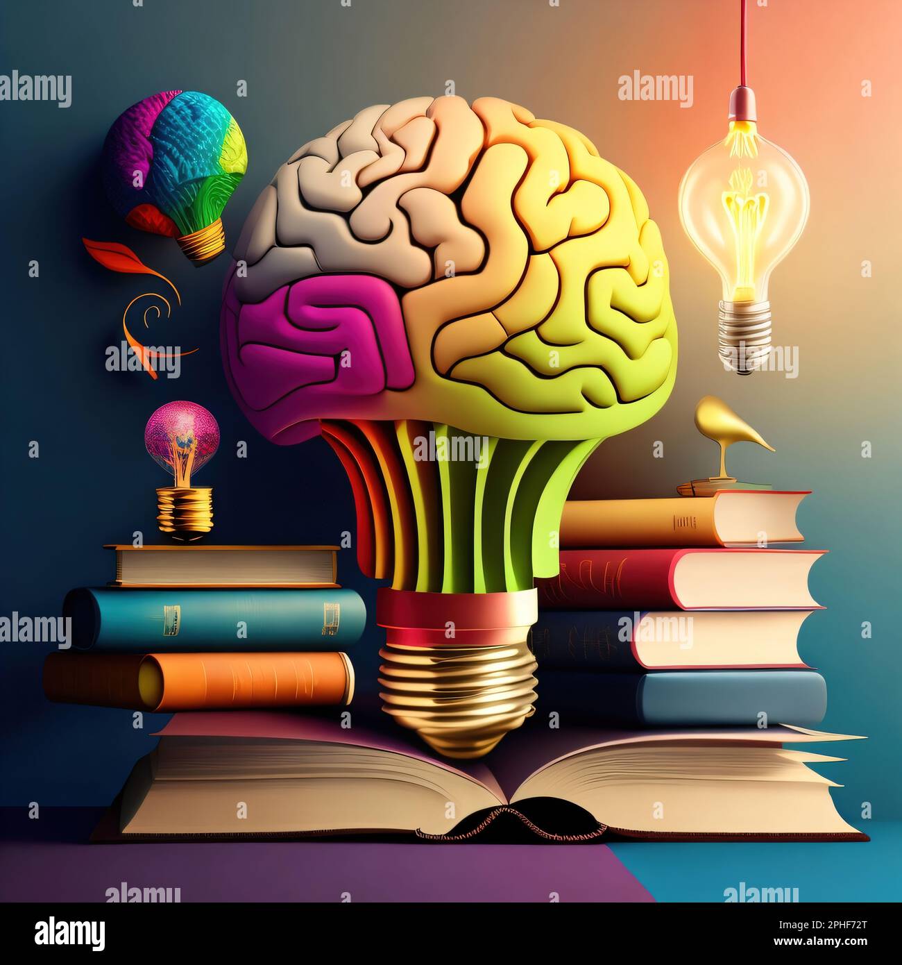 A conceptual image of an illuminated lightbulb with a brain inside ...