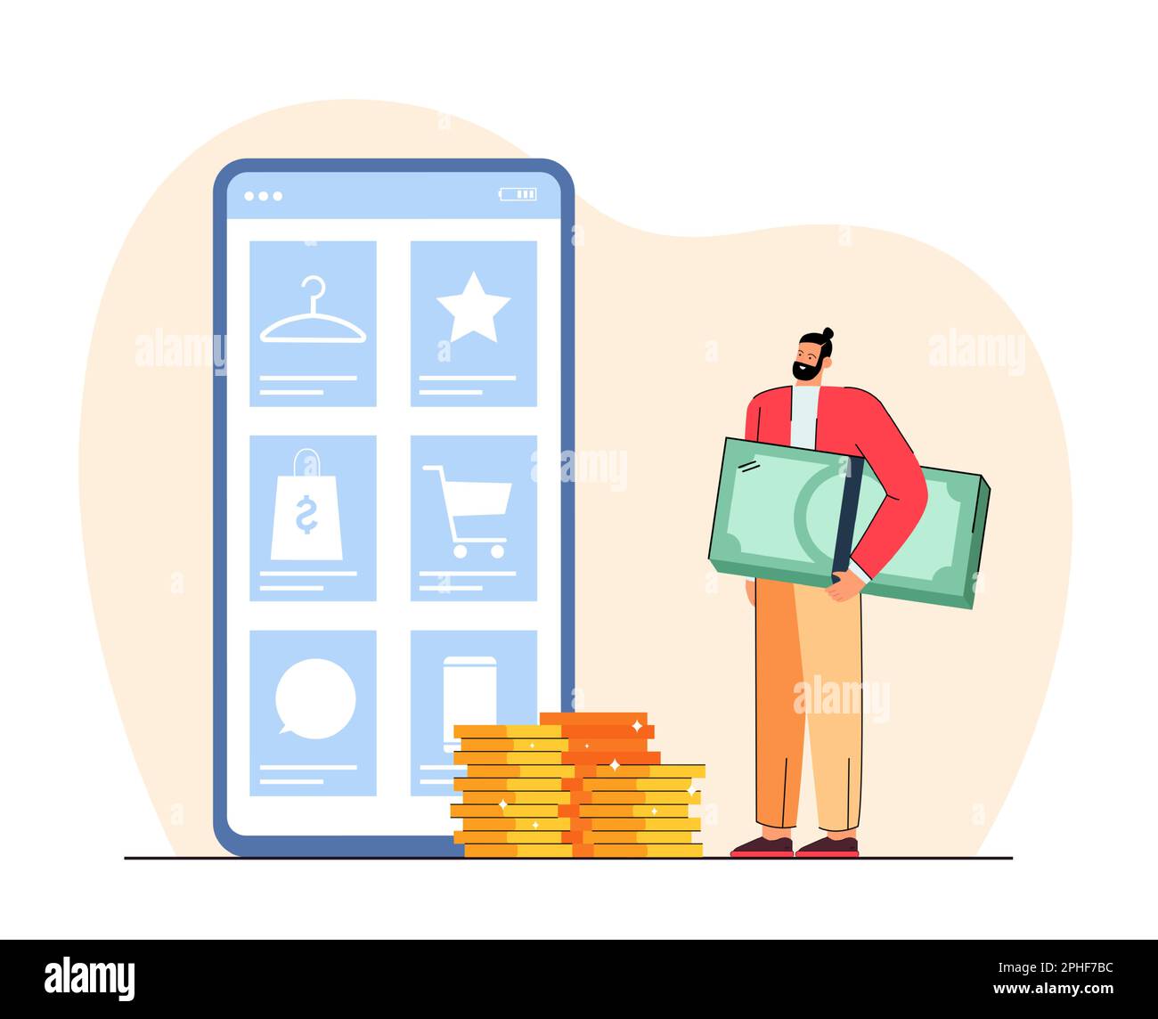 Tiny customer next to smartphone with internet store on screen Stock ...