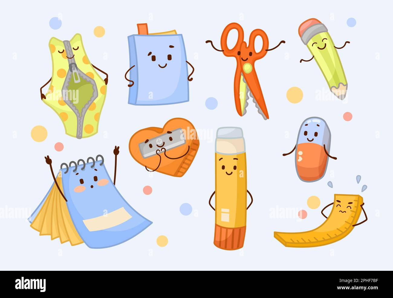 Cute school supplies cartoon characters vector illustrations set Stock ...