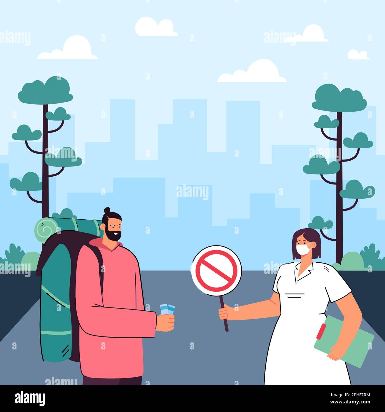 Nurse in mask showing stop sign to tourist with tickets Stock Vector ...