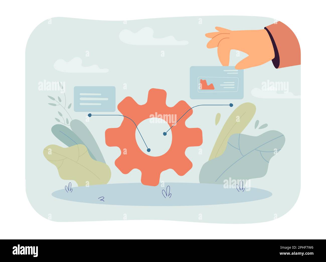 Hand holding report on work of gear, mechanism part and system Stock ...