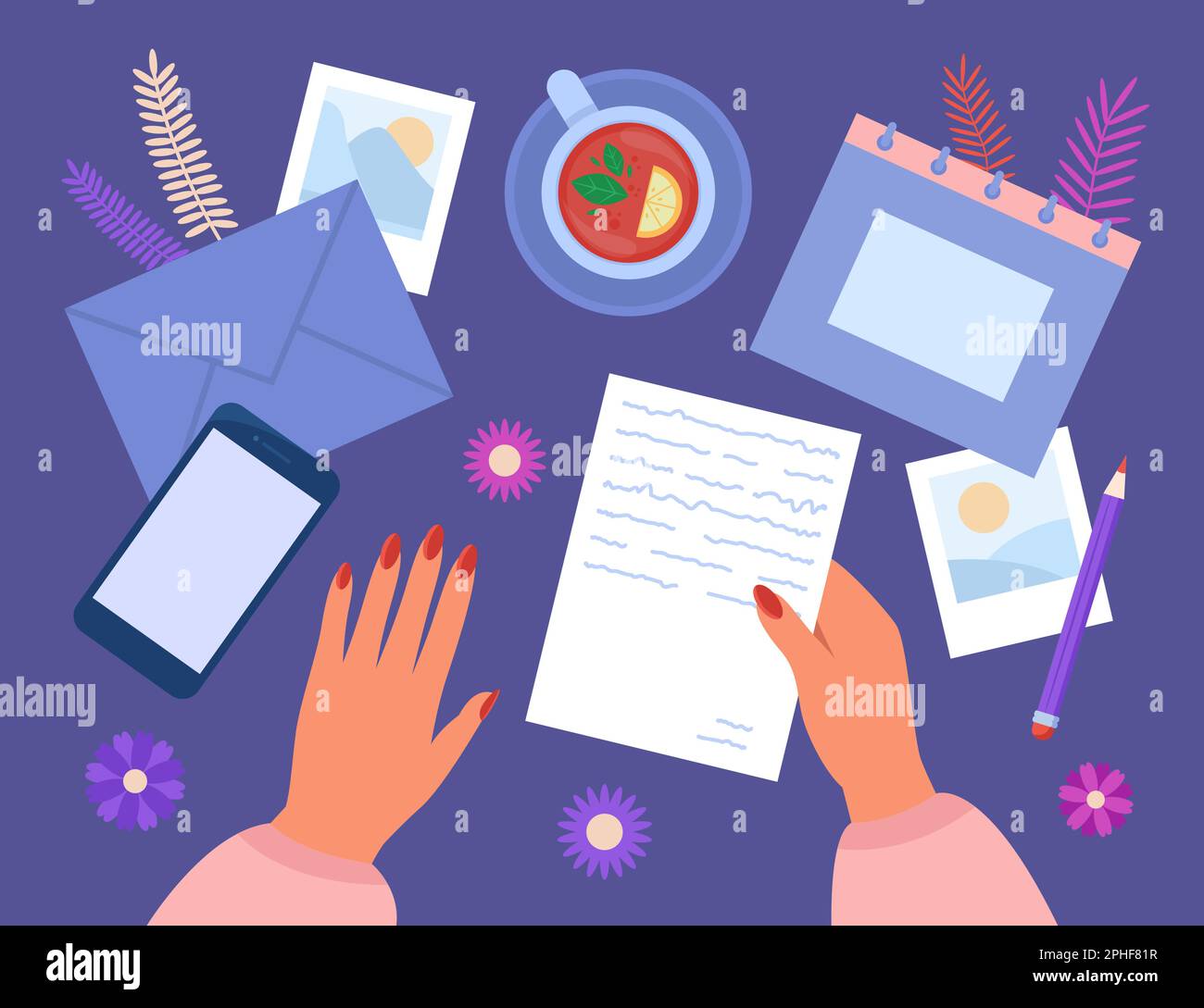 Top view of table with hands holding letter to future self Stock Vector ...