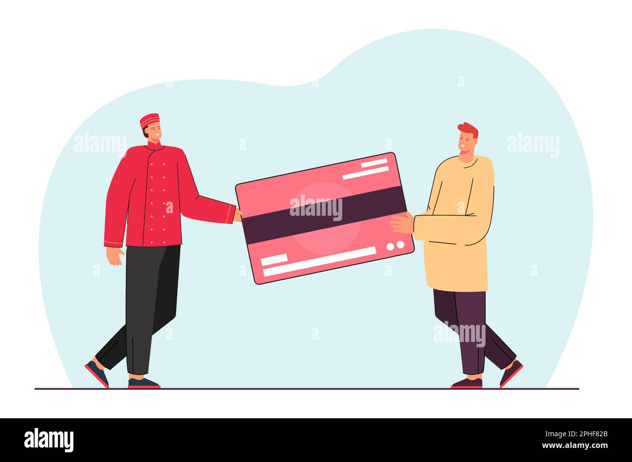 Cartoon hotel porter and guest holding big credit card Stock Vector ...