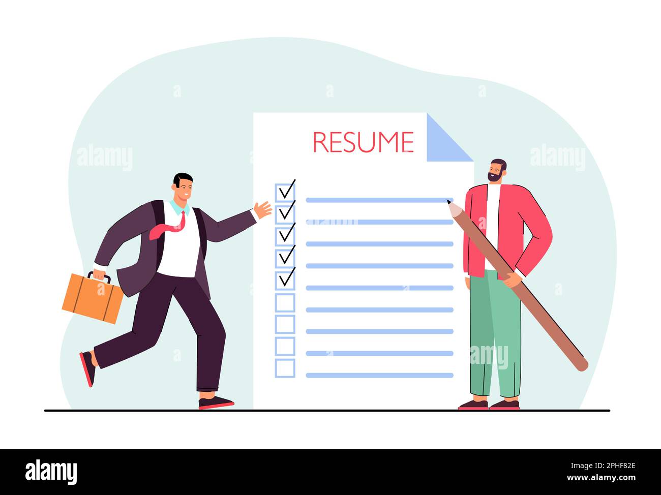 Tiny cartoon candidate and employer with resume Stock Vector Image ...