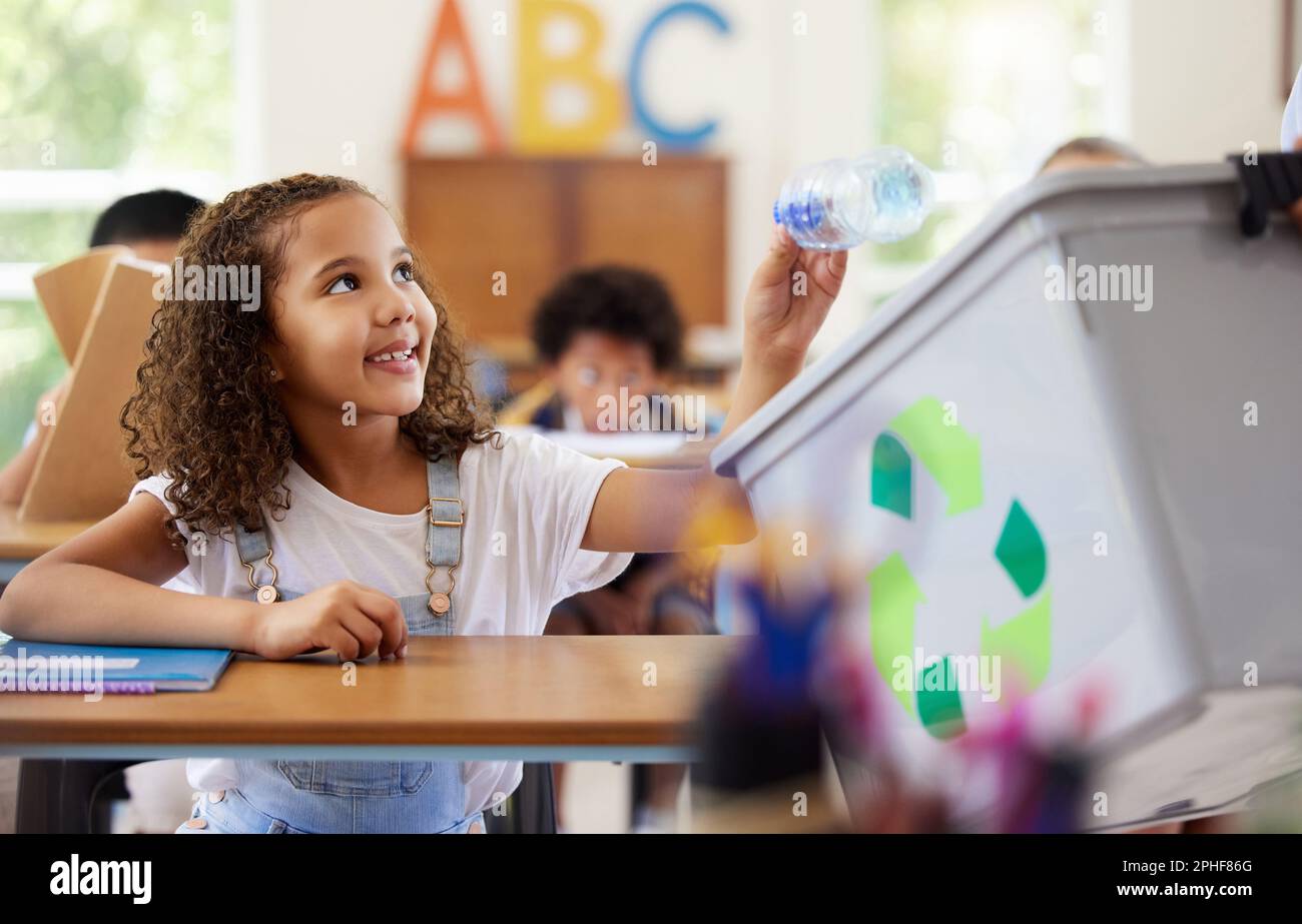 Learning, recycle bin and girl in classroom throwing trash for cleaning ...