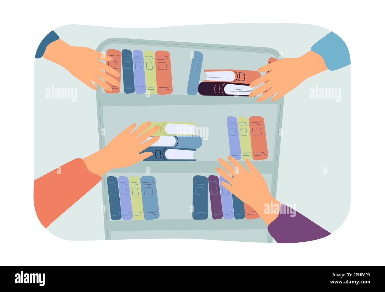 Hands reaching towards books on shelves Stock Vector Image & Art - Alamy