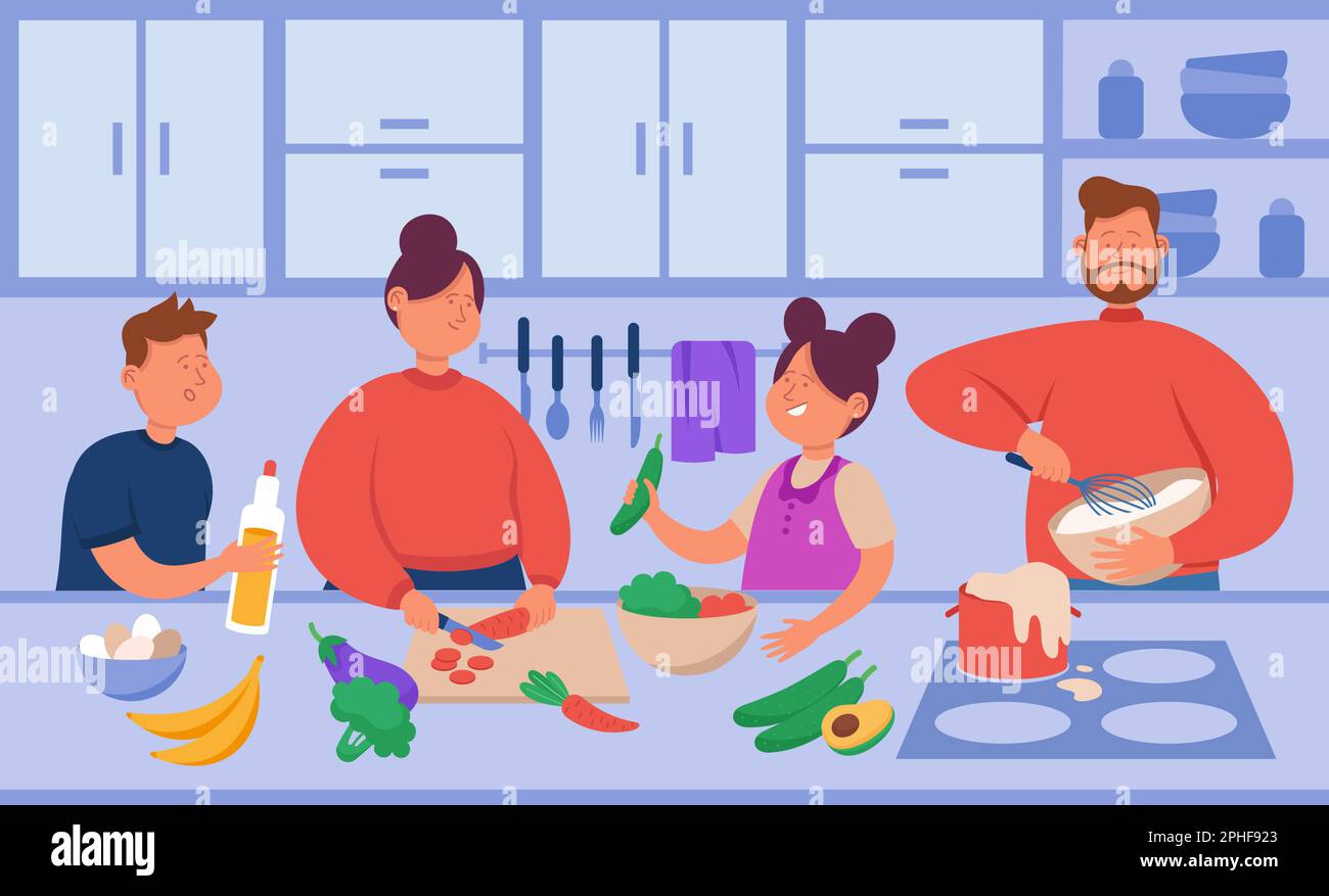 Family cooking dinner together flat vector illustration Stock Vector ...