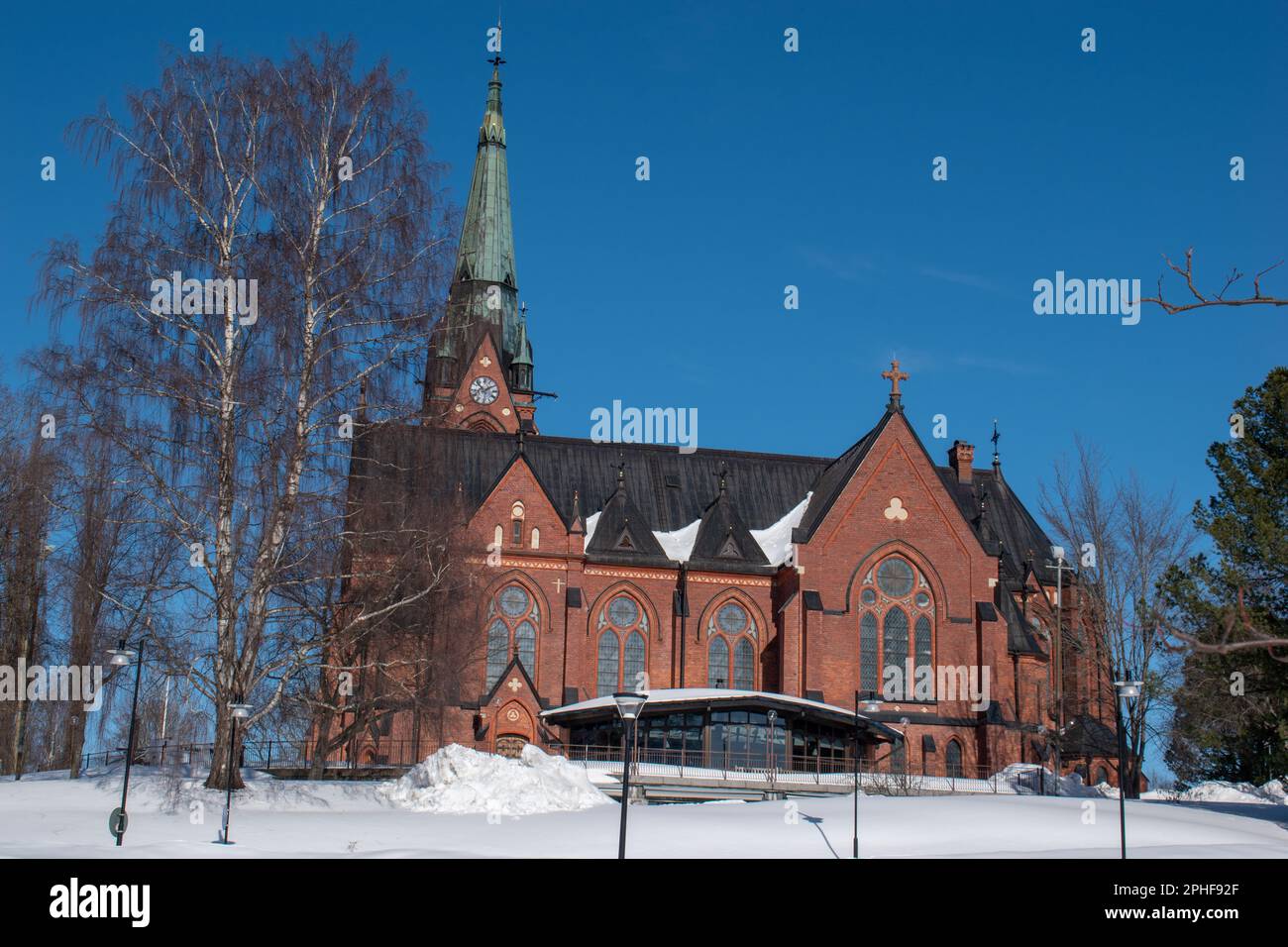 Umea City Church in winter sunny day with blue skies, Vasterbotten ...