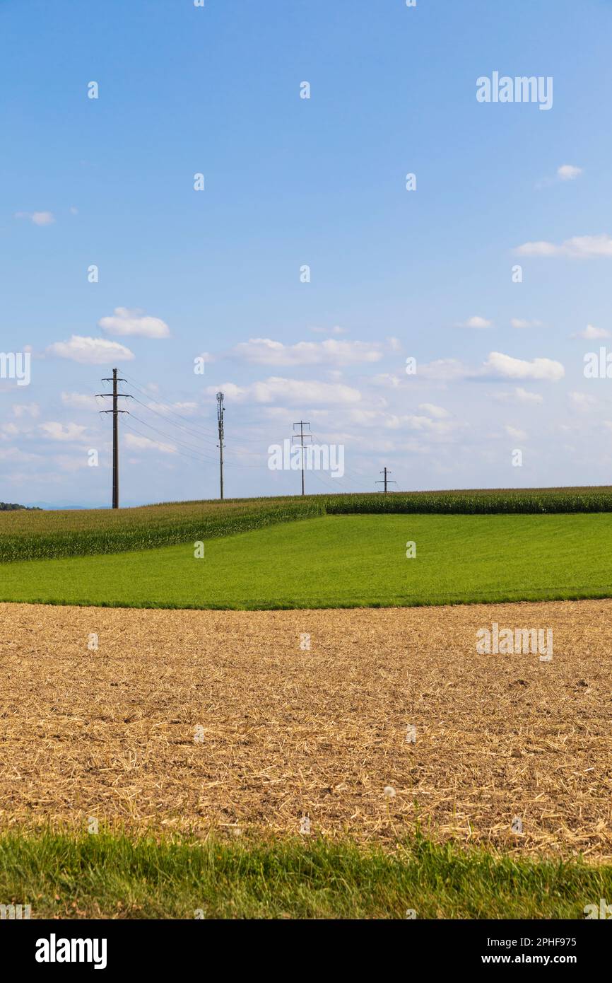 Panorama aerial view of the green Swiss hills on a summers day with ...