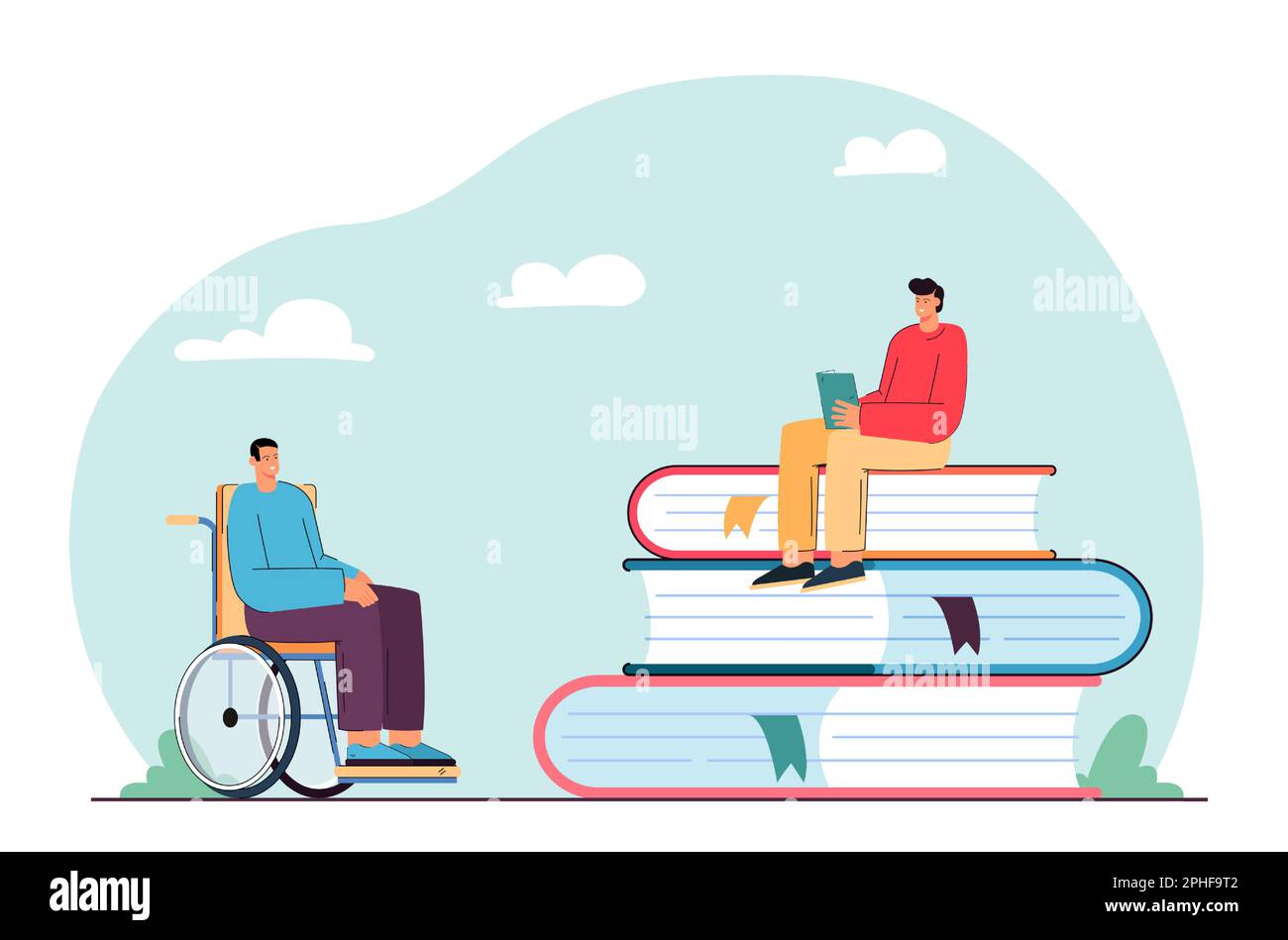 Tiny students sitting near stack of books and learning Stock Vector ...