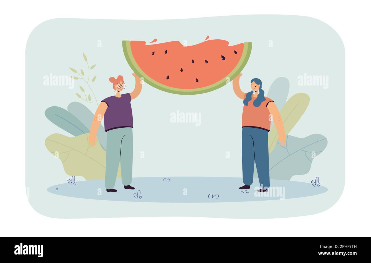 Tiny girls holding slice of watermelon flat vector illustration Stock ...