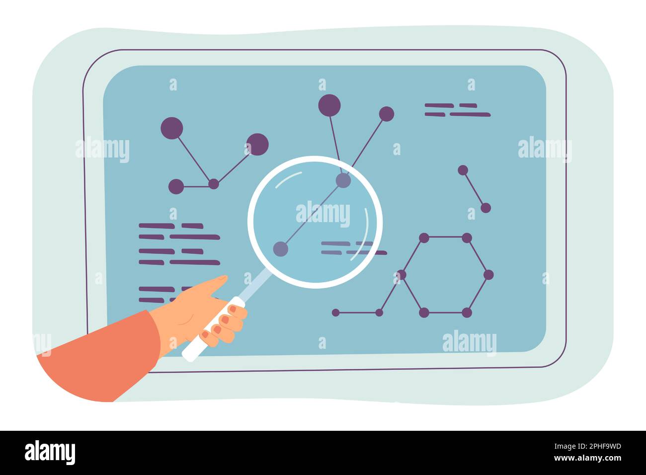 Scientists hand holding magnifier to study chemical formulas Stock ...