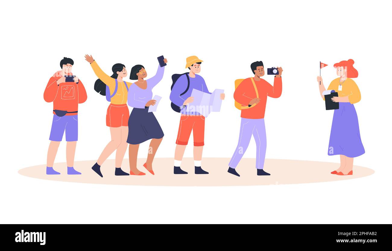 Female guide with group of tourists flat vector illustration Stock ...