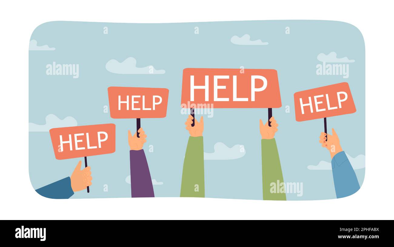 Hands Holding Placards With Word Help Flat Vector Illustration Stock